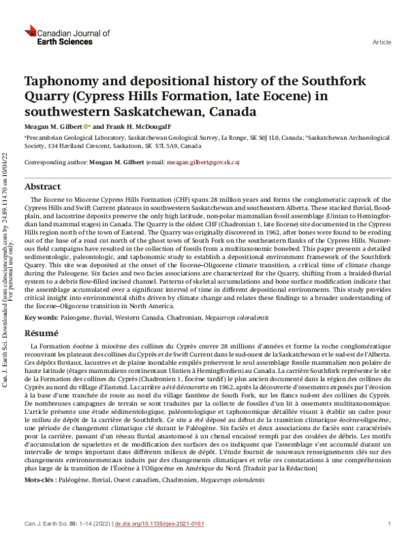(PDF) Taphonomy and depositional history of the Southfork Quarry (Cypress Hills Formation, late ...
