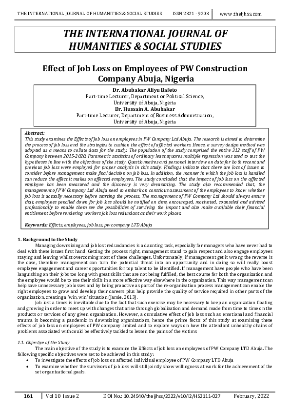 (PDF) Effect of Job Loss on Employees of PW Construction Company Abuja ...