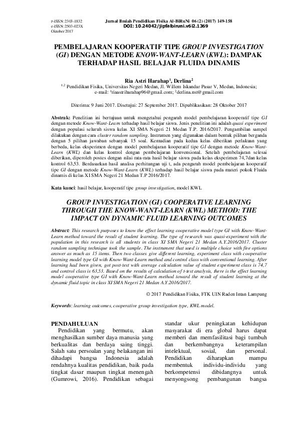 (PDF) Pembelajaran Kooperatif Tipe Group Investigation (GI) dengan Metode Know-Want-Learn (KWL ...