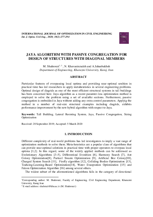 (PDF) Jaya Algorithm with Passive Congregation for Design of Structures with Diagonal Members
