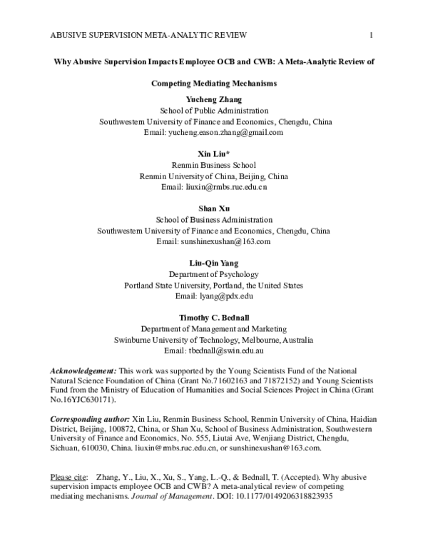 (PDF) Why abusive supervision impacts employee OCB and CWB? A meta-analytical review of ...