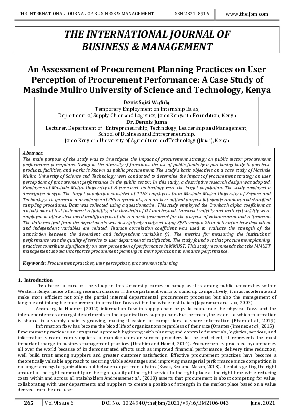 (PDF) An Assessment of Procurement Planning Practices on User Perception of Procurement ...