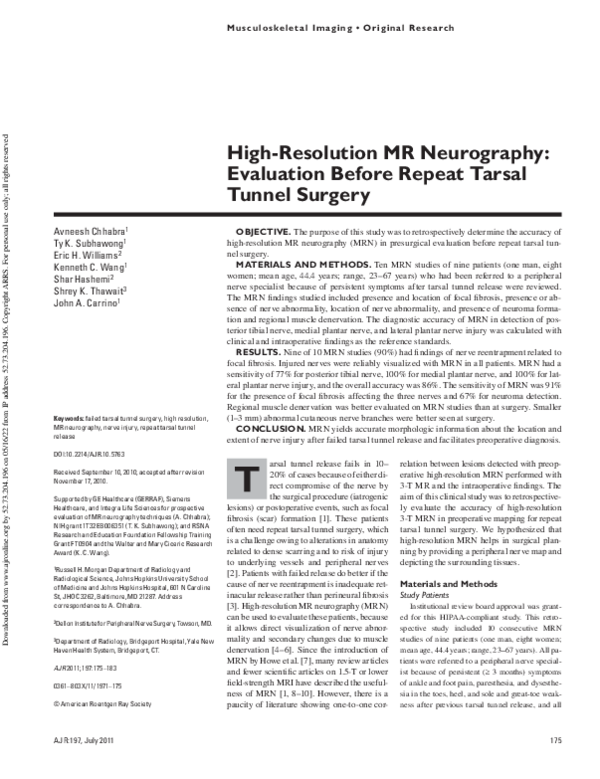 (PDF) High-Resolution MR Neurography: Evaluation Before Repeat Tarsal ...