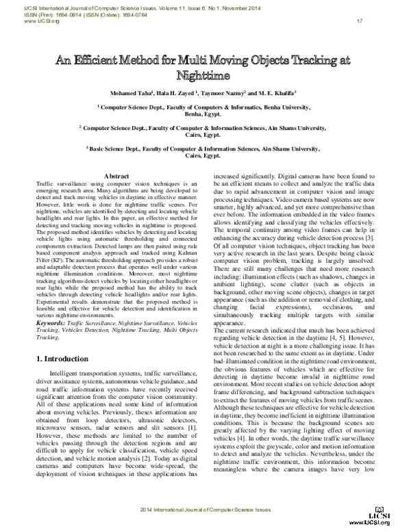 (PDF) An Efficient Method for Multi Moving Objects Tracking at Nighttime | Hala Zayed - Academia.edu