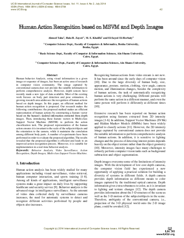 (PDF) Human Action Recognition based on MSVM and Depth Images