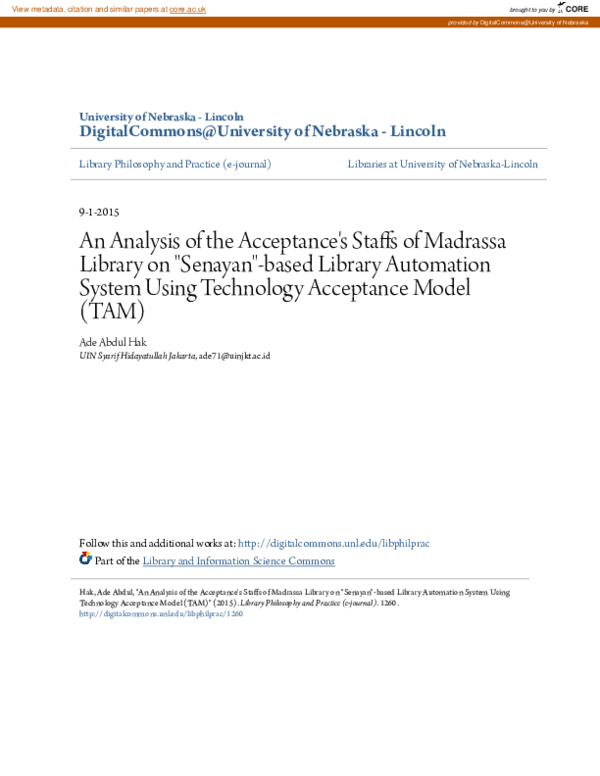 (PDF) An Analysis of the Acceptance\u27s Staffs of Madrassa Library on Senayan -based Library ...