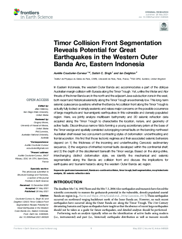 Pdf Timor Collision Front Segmentation Reveals Potential For Great Earthquakes In The Western 