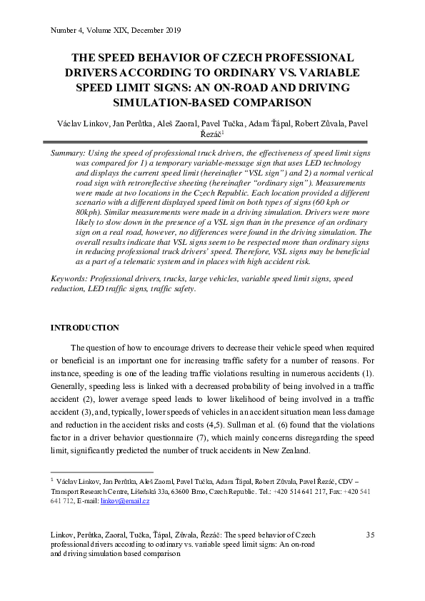 (PDF) The Speed Behavior of Czech Professional Drivers According to Ordinary vs. Variable Speed ...