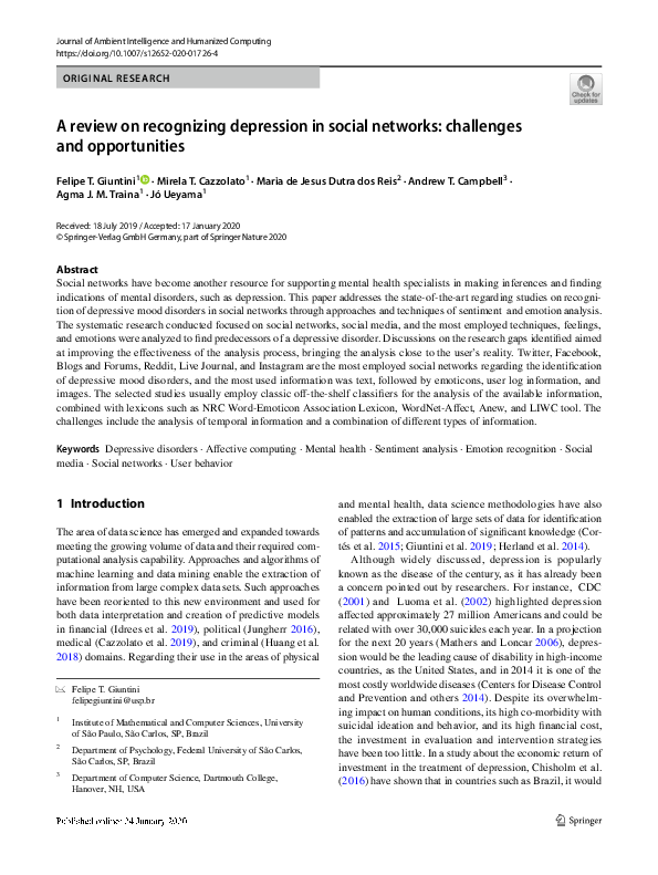 (PDF) A review on recognizing depression in social networks: challenges ...