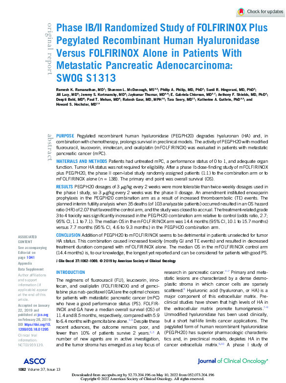(PDF) Phase IB/II Randomized Study of FOLFIRINOX Plus Pegylated Recombinant Human Hyaluronidase ...