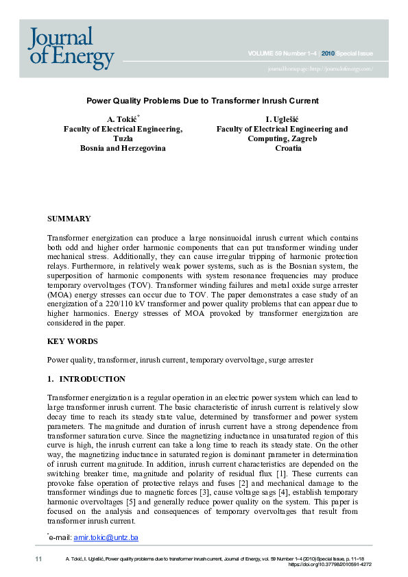 (PDF) Power Quality Problems Due to Transformer Inrush Current