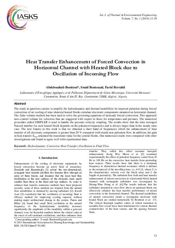 (PDF) Heat Transfer Enhancement of Forced Convection in Horizontal Channel with Heated Block due ...
