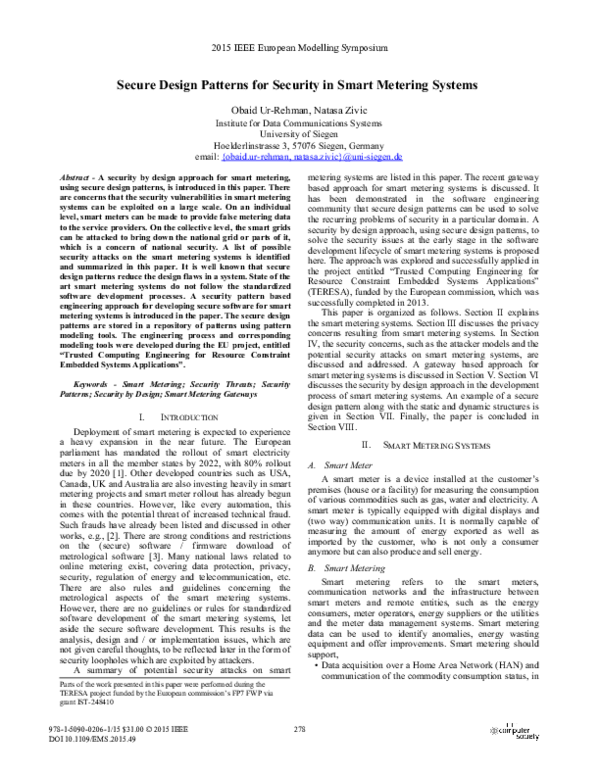 (PDF) Secure Design Patterns for Security in Smart Metering Systems