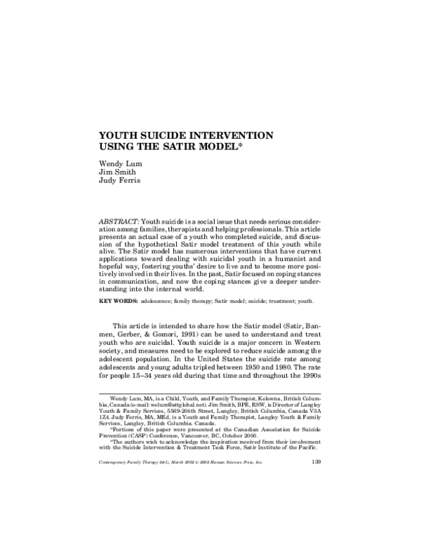 (PDF) Youth Suicide Intervention Using the Satir Model