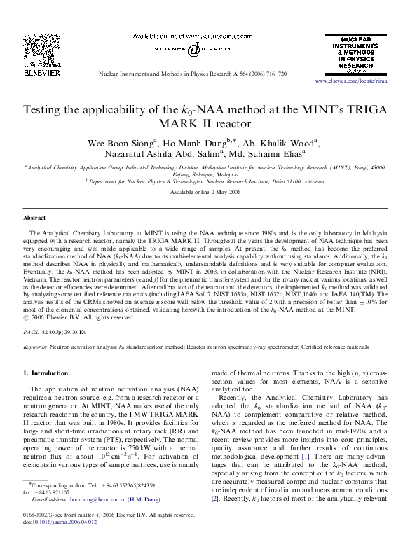 (PDF) Testing the applicability of the k0-NAA method at the MINT's ...