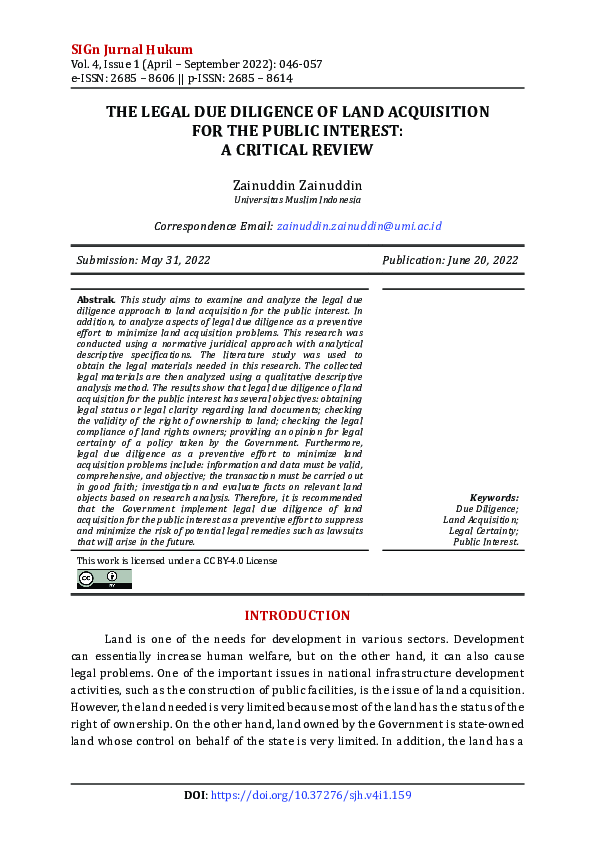 (PDF) The Legal Due Diligence of Land Acquisition for the Public ...