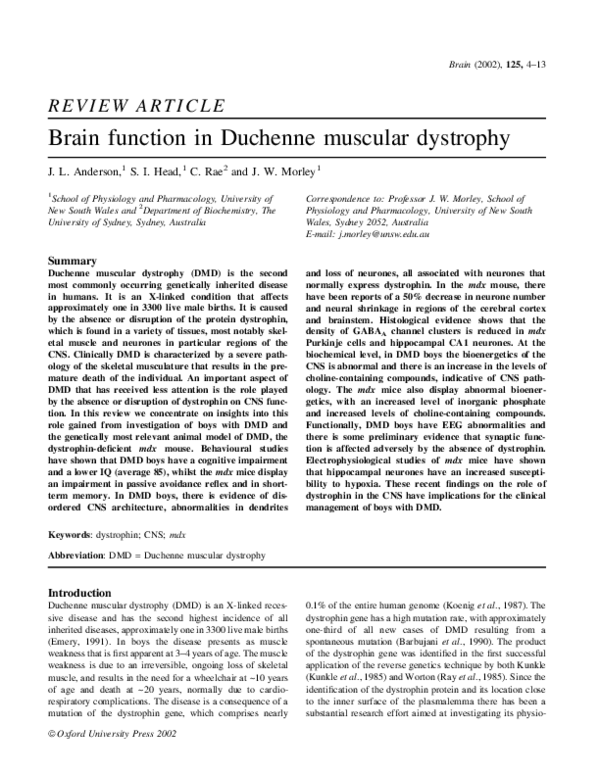 (PDF) Brain function in Duchenne muscular dystrophy