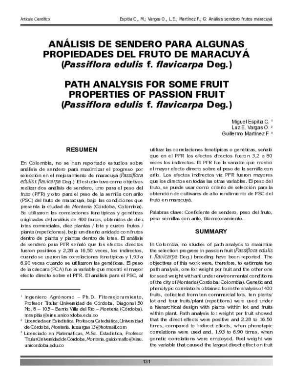 (PDF) PATH ANALYSIS FOR SOME FRUIT PROPERTIES OF PASSION FRUIT (Passiflora edulis f. flavicarpa ...
