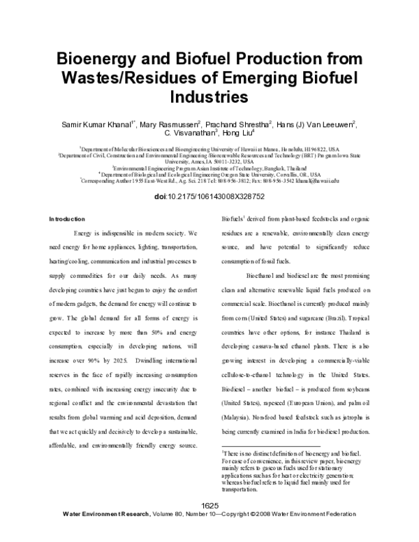 (PDF) Bioenergy and Biofuel Production from Wastes/Residues of Emerging ...