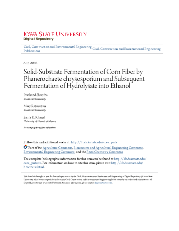 (PDF) Solid-Substrate Fermentation of Corn Fiber by Phanerochaete chrysosporium and Subsequent ...