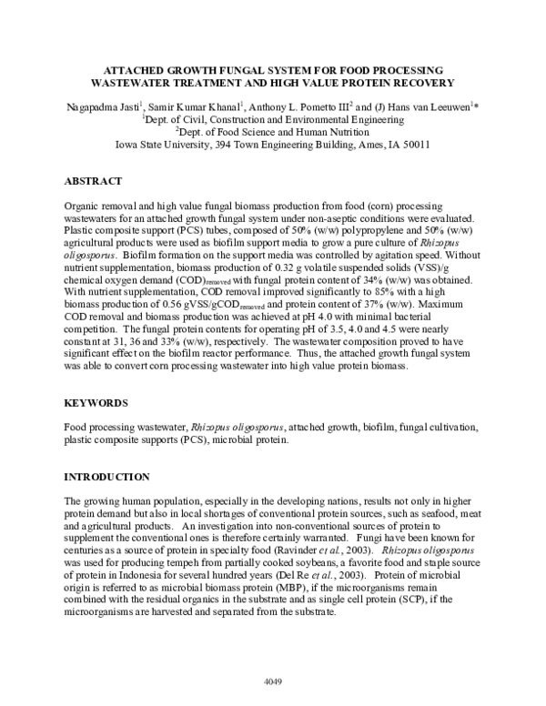 (PDF) Attached Growth Fungal System for Food Processing Wastewater ...