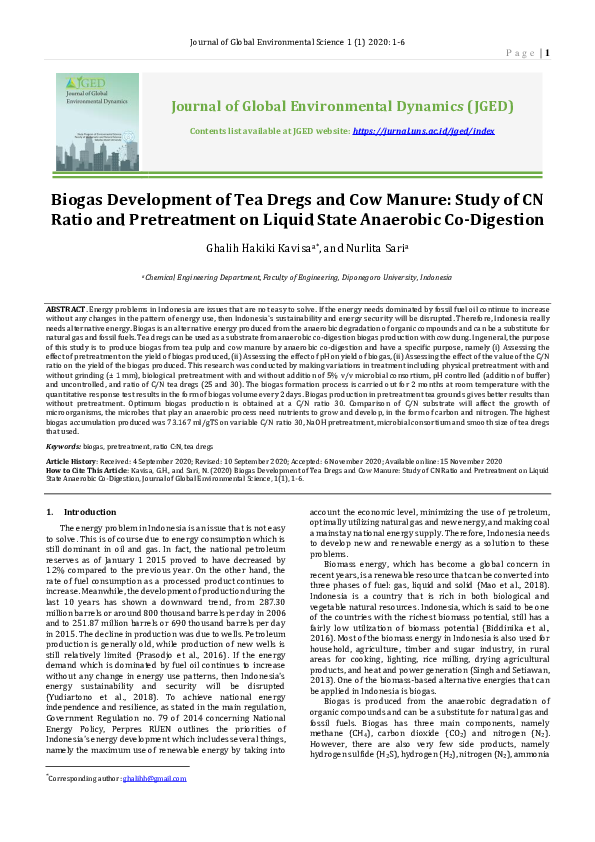 (PDF) Biogas Development of Tea Dregs and Cow Manure: Study of CN Ratio ...