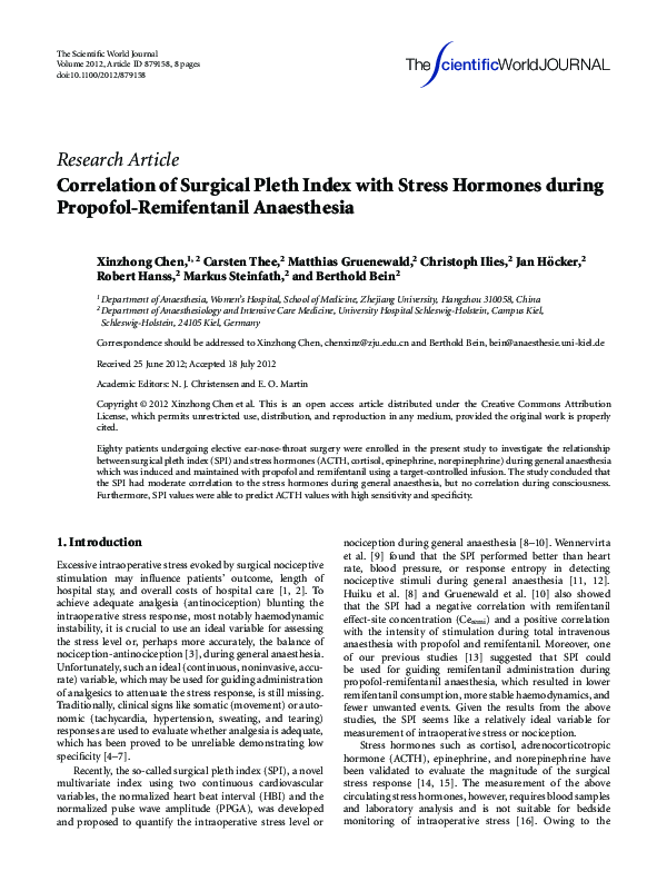 (PDF) Surgical Pleth Index and Stress Hormones Correlation