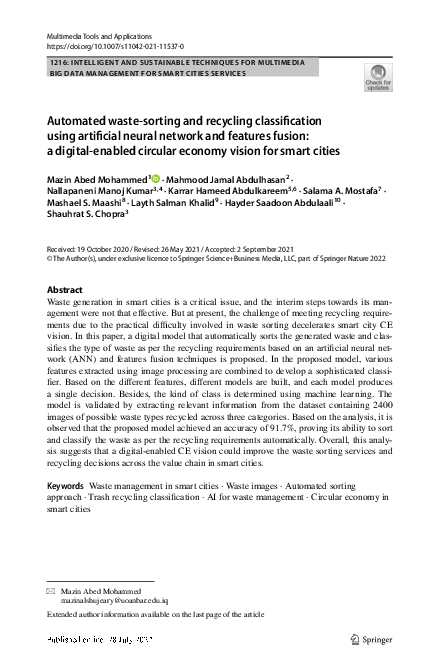 (PDF) Automated waste-sorting and recycling classification using artificial neural network and ...