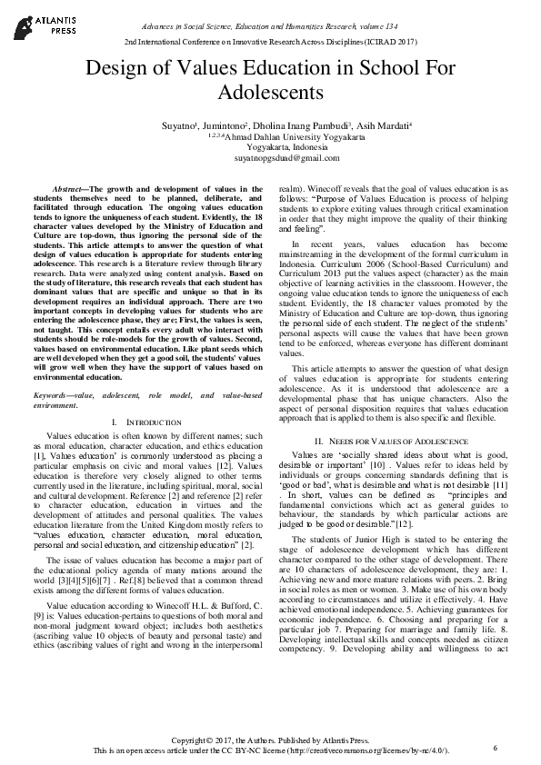 (PDF) Design of Values Education in School For Adolescents
