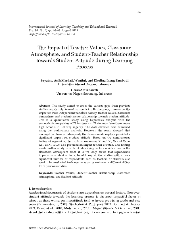 (PDF) The Impact of Teacher Values, Classroom Atmosphere, and Student ...