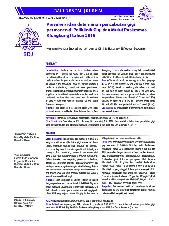 (PDF) Prevalensi dan determinan pencabutan gigi permanen di Poliklinik ...