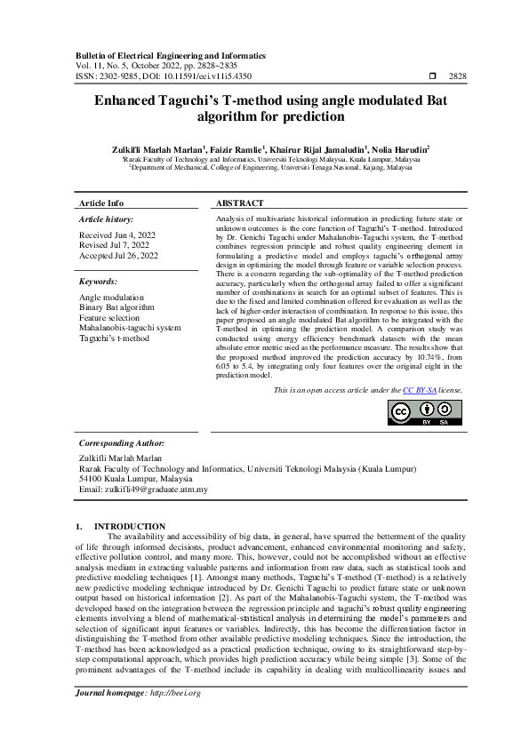 Pdf Enhanced Taguchis T Method Using Angle Modulated Bat Algorithm