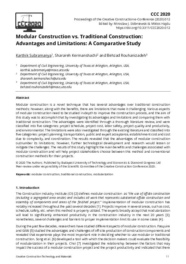 Pdf Modular Construction Vs Traditional Construction Advantages And
