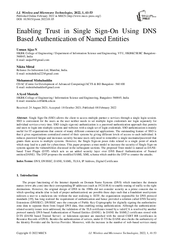 (PDF) Enabling Trust in Single Sign-On Using DNS Based Authentication ...