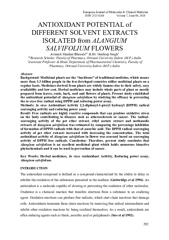 (PDF) ANTIOXIDANT POTENTIAL of DIFFERENT SOLVENT EXTRACTS ISOLATED from ...