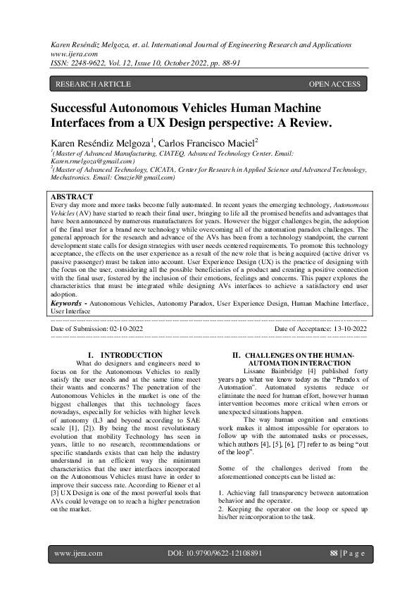 (PDF) Successful Autonomous Vehicles Human Machine Interfaces from a UX ...