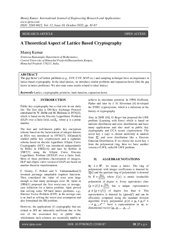 (PDF) A Theoretical Aspect of Lattice Based Cryptography
