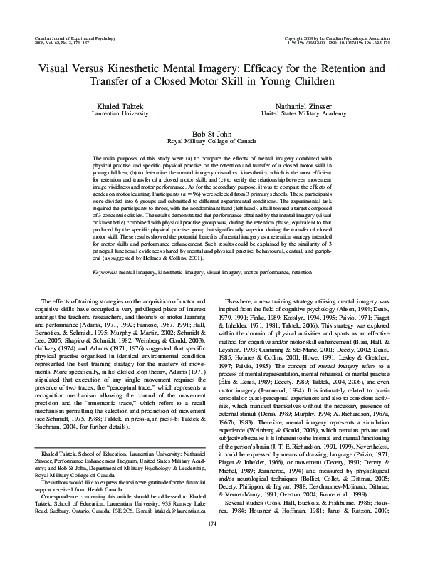 (PDF) Visual versus kinesthetic mental imagery: Efficacy for the ...