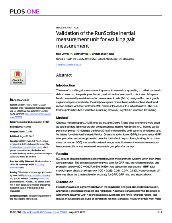 (PDF) Validation of the RunScribe inertial measurement unit for walking gait measurement