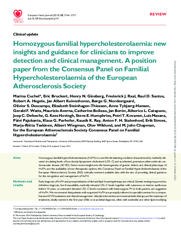 (PDF) Homozygous familial hypercholesterolaemia: new insights and ...