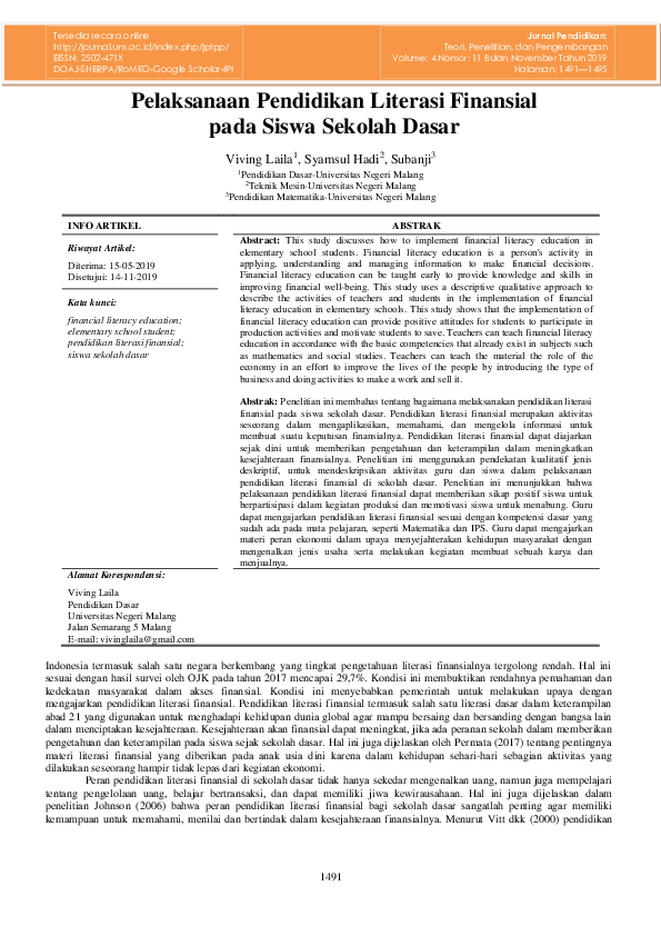 (PDF) Pelaksanaan Pendidikan Literasi Finansial pada Siswa Sekolah Dasar | Syamsul Hadi ...