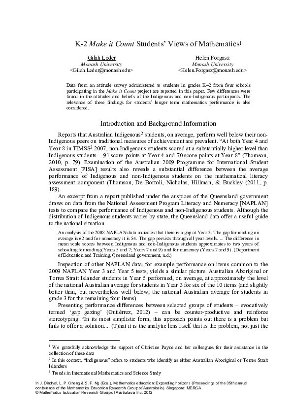 (PDF) K2 Make it Count students' views of mathematics | Gilah Leder ...