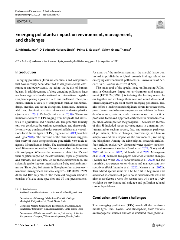 (PDF) Emerging pollutants: impact on environment, management, and ...