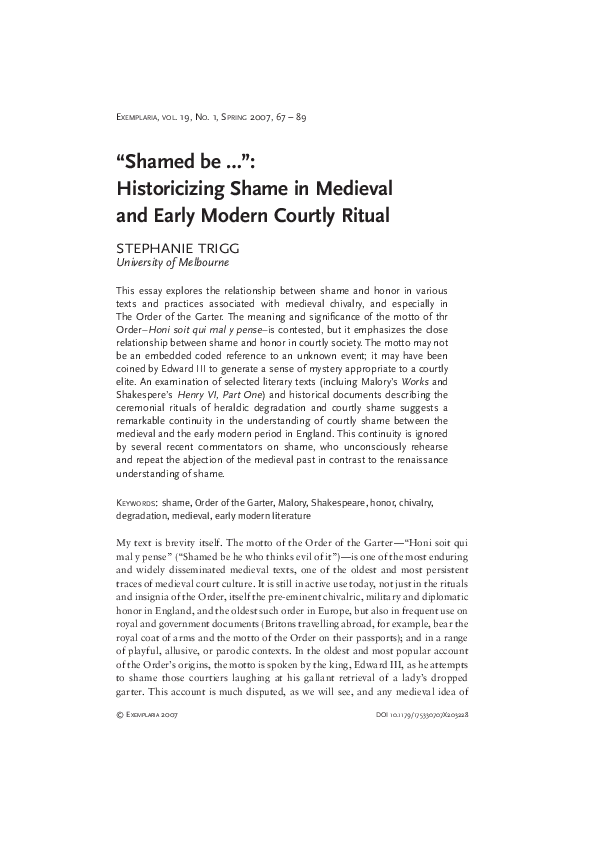 (PDF) Shamed be …": Historicizing Shame in Medieval and Early Modern ...