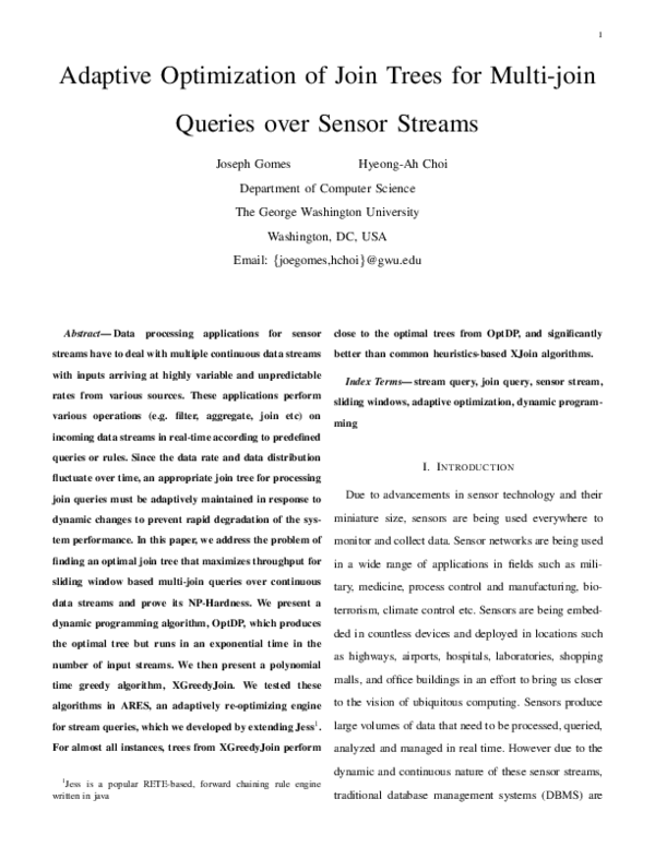 Pdf Adaptive Optimization Of Join Trees For Multi Join Queries Over Sensor Streams