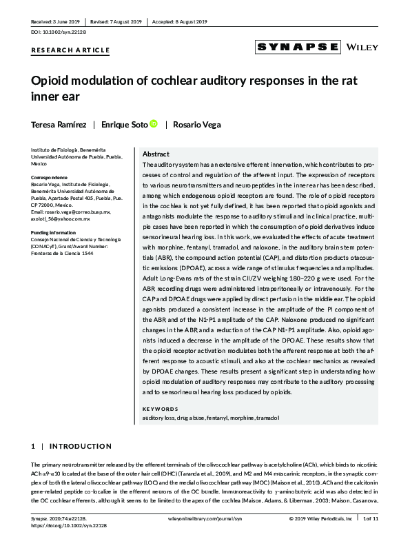 (PDF) Opioid modulation of cochlear auditory responses in the rat inner ear