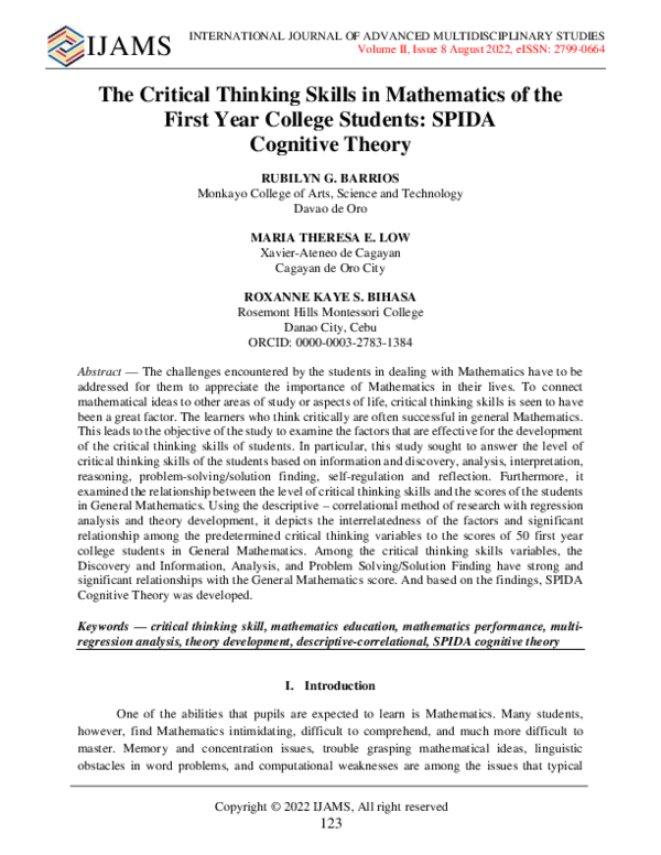 (PDF) The Critical Thinking Skills in Mathematics of the First Year College Students: SPIDA ...
