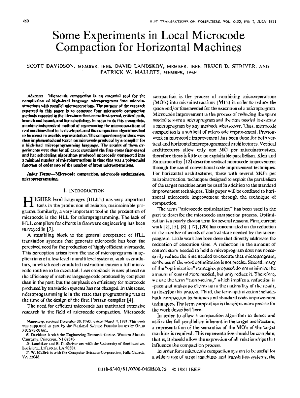 Pdf Some Experiments In Local Microcode Compaction For Horizontal Machines Bruce Shriver