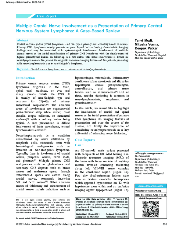 (PDF) Multiple cranial nerve involvement as a presentation of primary central nervous system ...