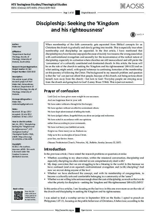 (PDF) Discipleship: Seeking the ‘Kingdom and his righteousness’